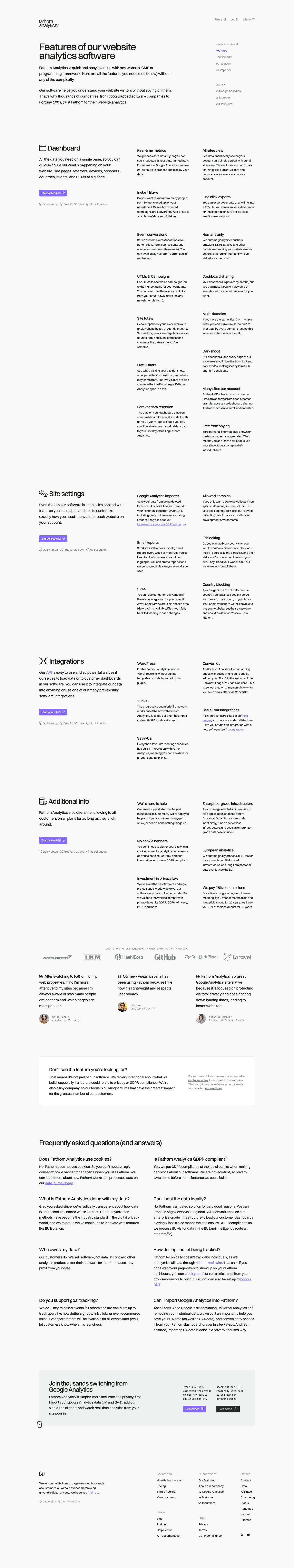 Fathom features page - SaaS Landing Page